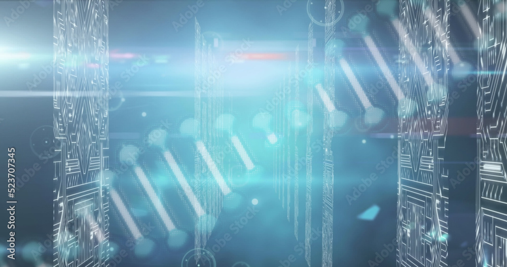 Image Of Dna Structure Spinning Over Screens Of Microprocessor Connections On Blue Background