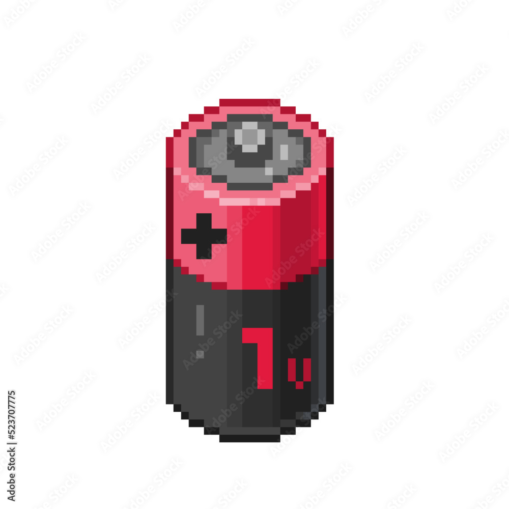 An 8-bit retro-styled pixel-art illustration of a red one volt battery ...