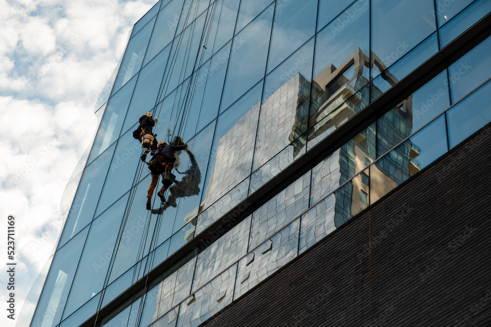 Workers cleaning office building windows. Industrial climbers wash the ...