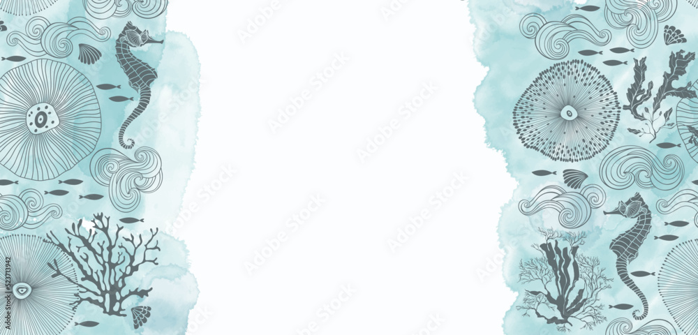 Pre-made design on a marine theme with seahorse, fish, shells, corals ...