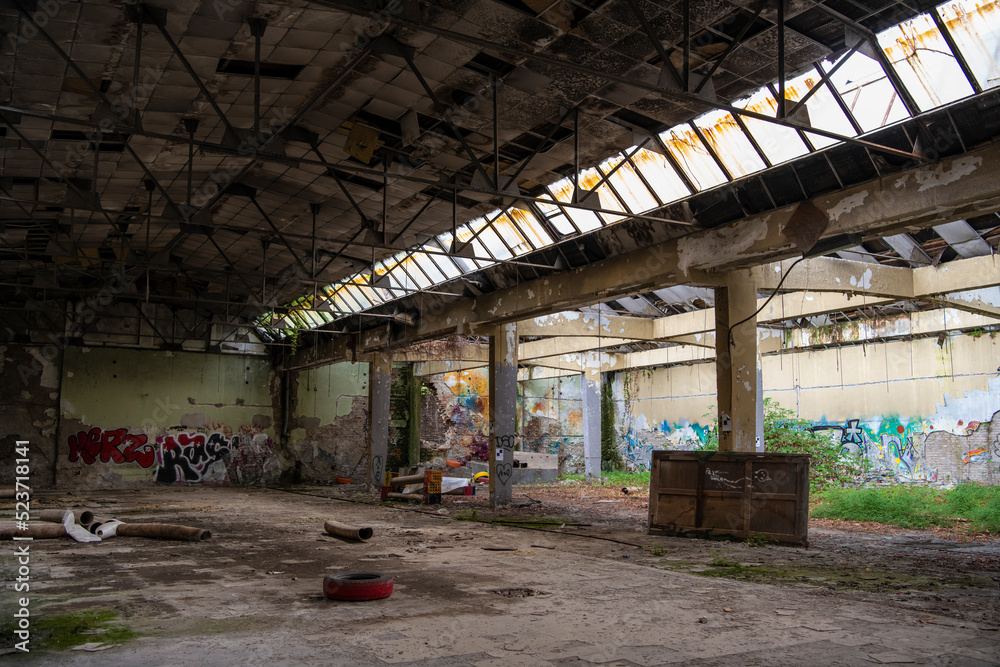 Abandoned industrial building interior. Apocalyptic scene. Ruins of ...