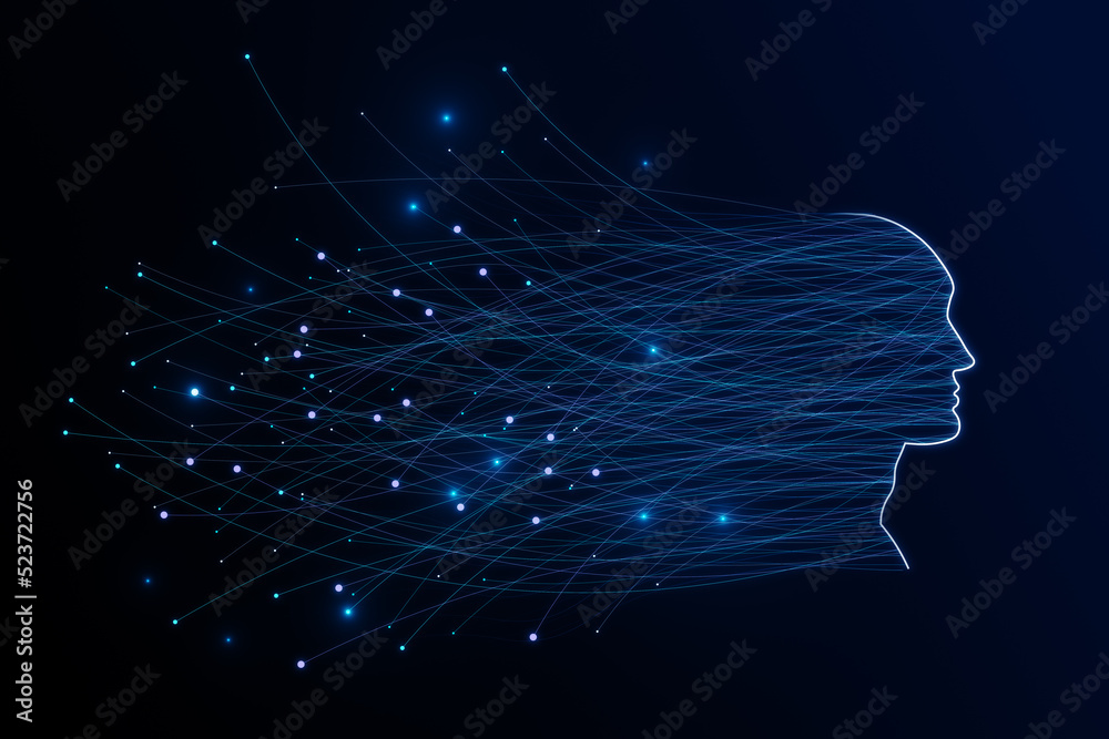 Abstract digital head outline with glowing lines and blurry bokeh ...