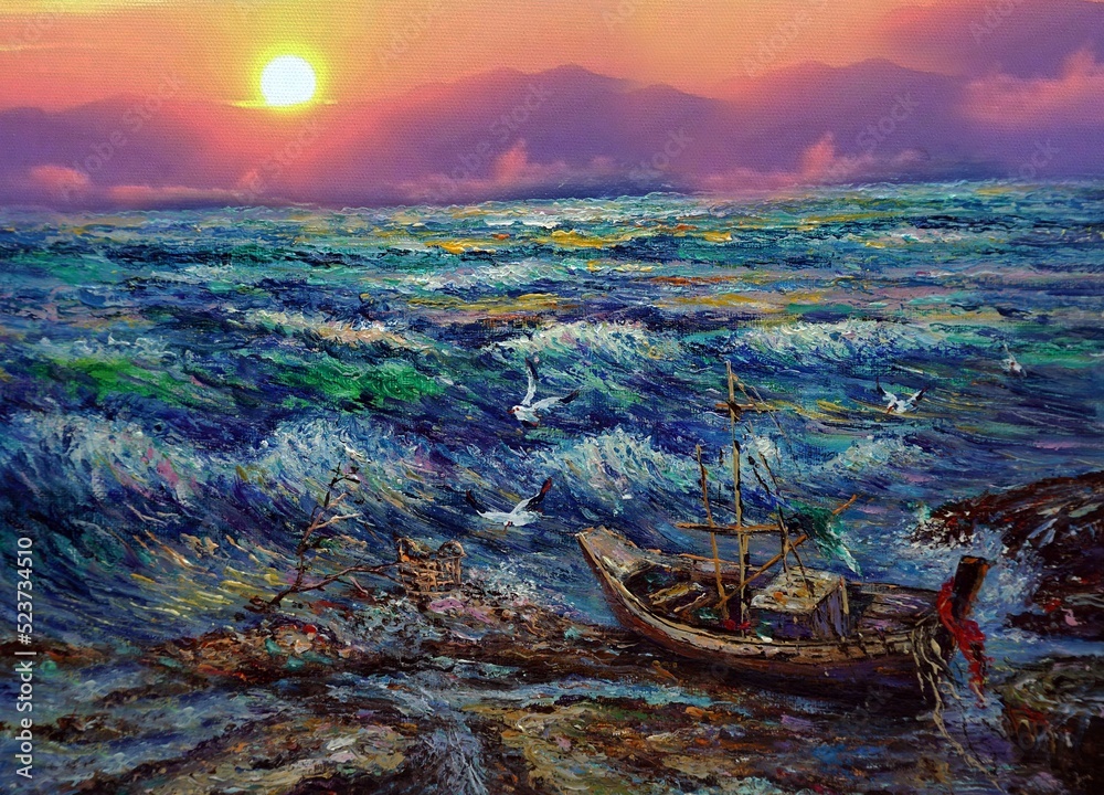 oil color painting art class , sea ,wave ,birds, fishing boats ...