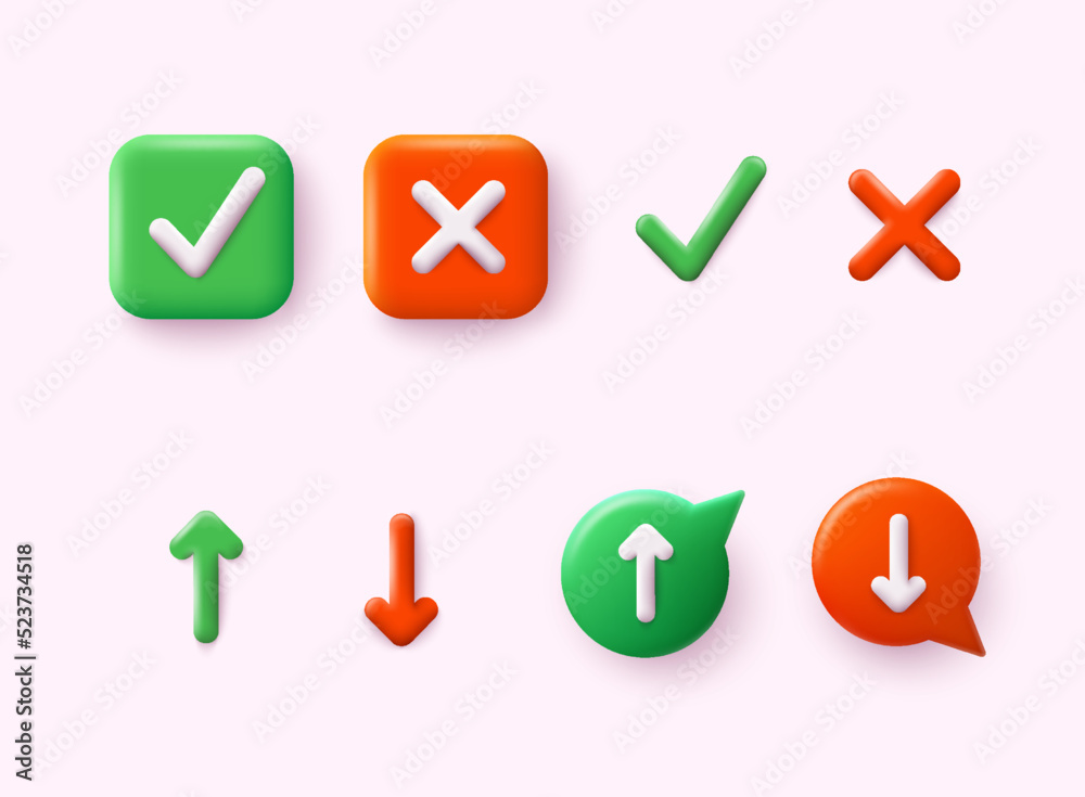 Set icons of check mark and cross mark symbols and elements, up and ...