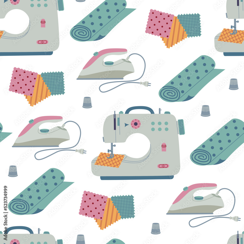 Seamless pattern with sewing elements. Sewing machine, iron, thimble ...
