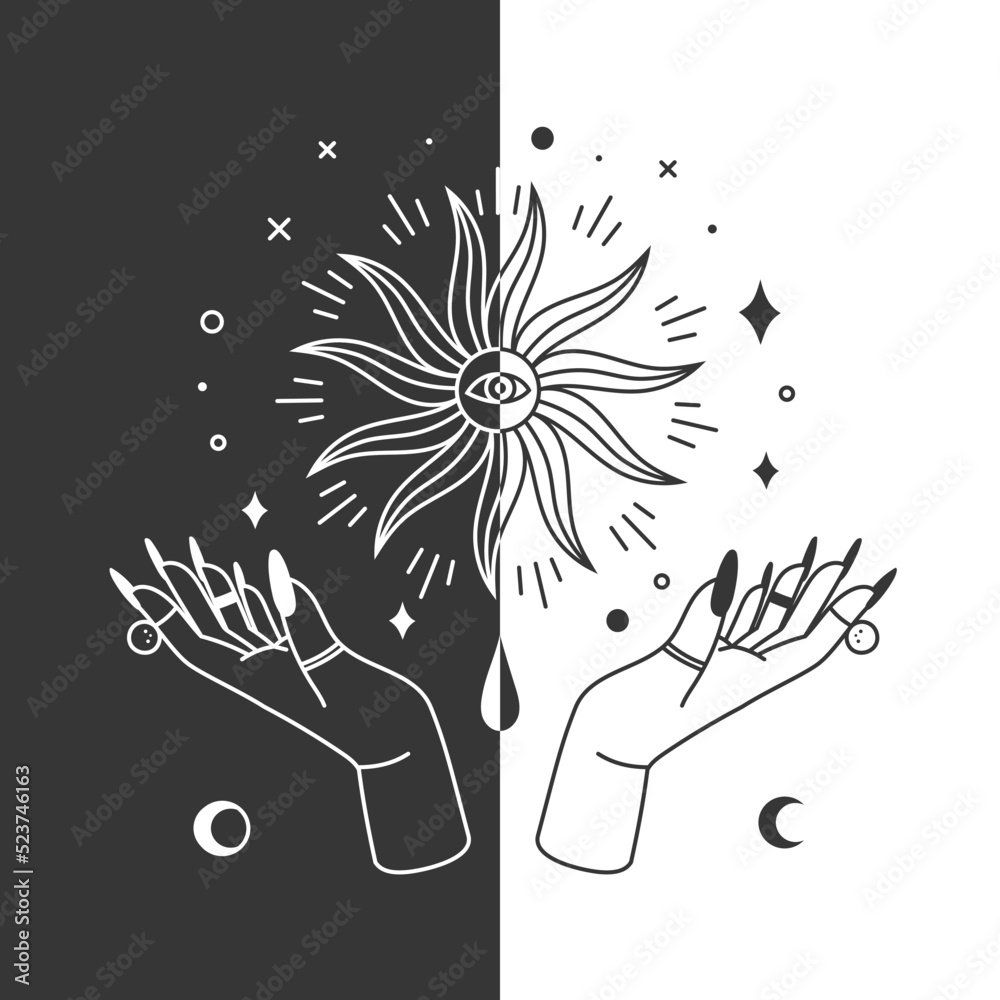 Mystic witch hands with Sun. Boho witchcraft tarot card. Spiritual day ...