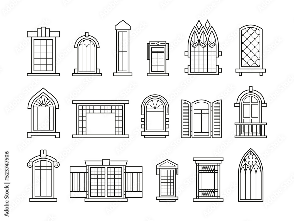 Line vintage windows. Decorative architectural outline drawing with ...