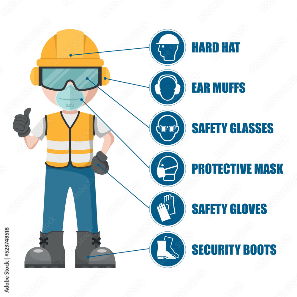 Worker with his personal protective equipment. Set of icons, pictograms ...