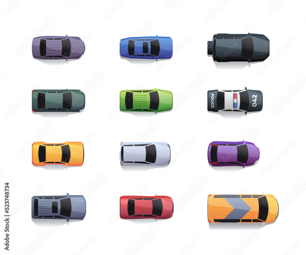 Cars top view. 2D traffic from above, various automobile for city ...