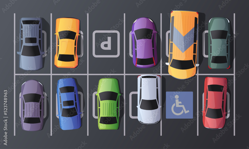 Parking top view. Garage floor with cars from above, city parking lot ...