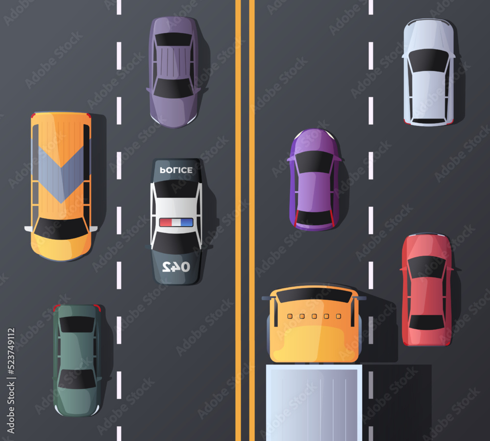 Highway aerial view. Cartoon top view of city street with various cars ...