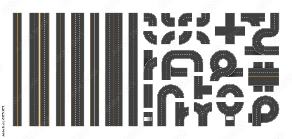 Highway constructor. Top view of city road segments with marking ...