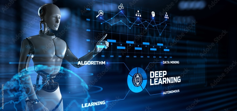 Deep Learning Artificial Intelligence Neural Network Robot Pressing Button On Screen 3d Render