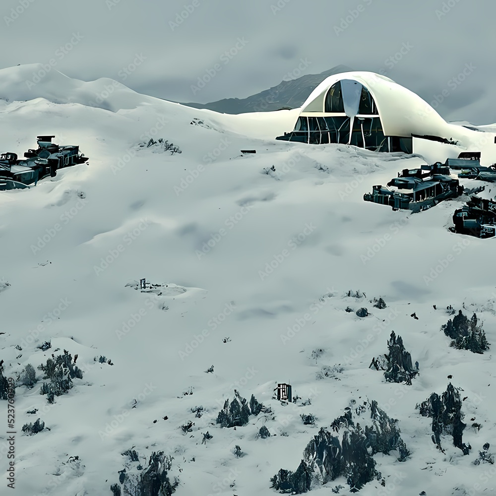 Military base on a snowy rocky mountain top. Futuristic science fiction ...