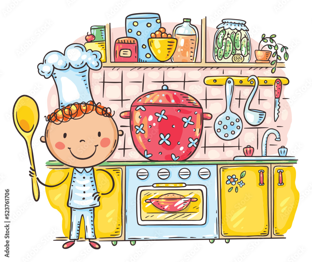 Cartoon kid as chief cooking in the kitchen Stock Vector | Adobe Stock