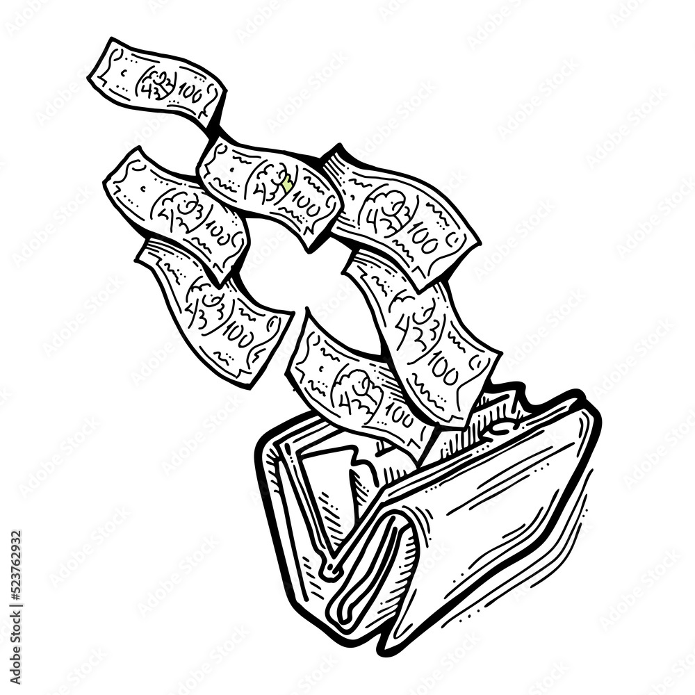 Money cash flying into and out of wallet. Income transfer, currency ...