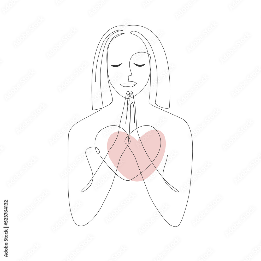Praiyng woman. Continuous line drawing of prayer with broken heart ...
