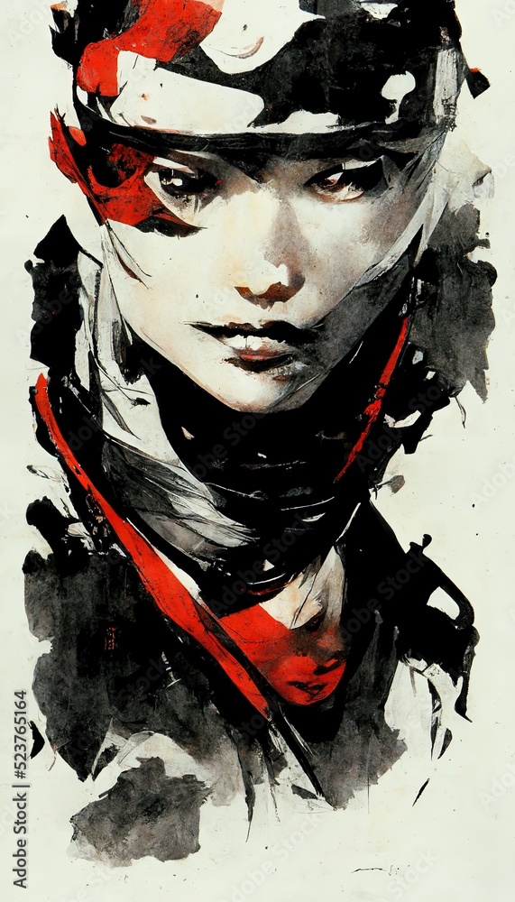 Photo & Art Print Japanese samurai girl depicted in red and black ...