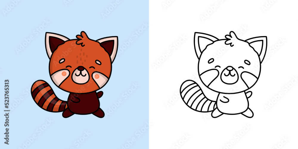 Kawaii Red Panda Clipart Multicolored and Black and White. Cute Kawaii ...