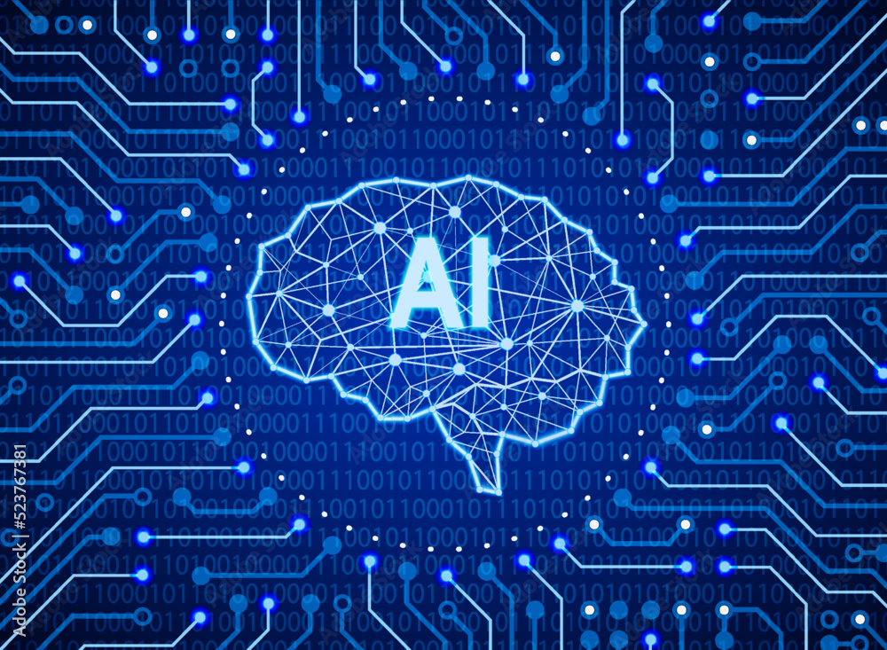 Polygon brain neon lines on circuit and binary code background. Artificial intelligence abstract ...