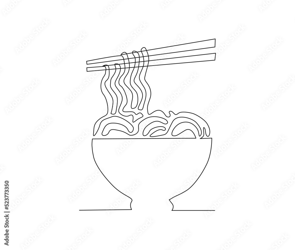 Continuous line art drawing of asian noodle in the bowl. Ramen line art ...