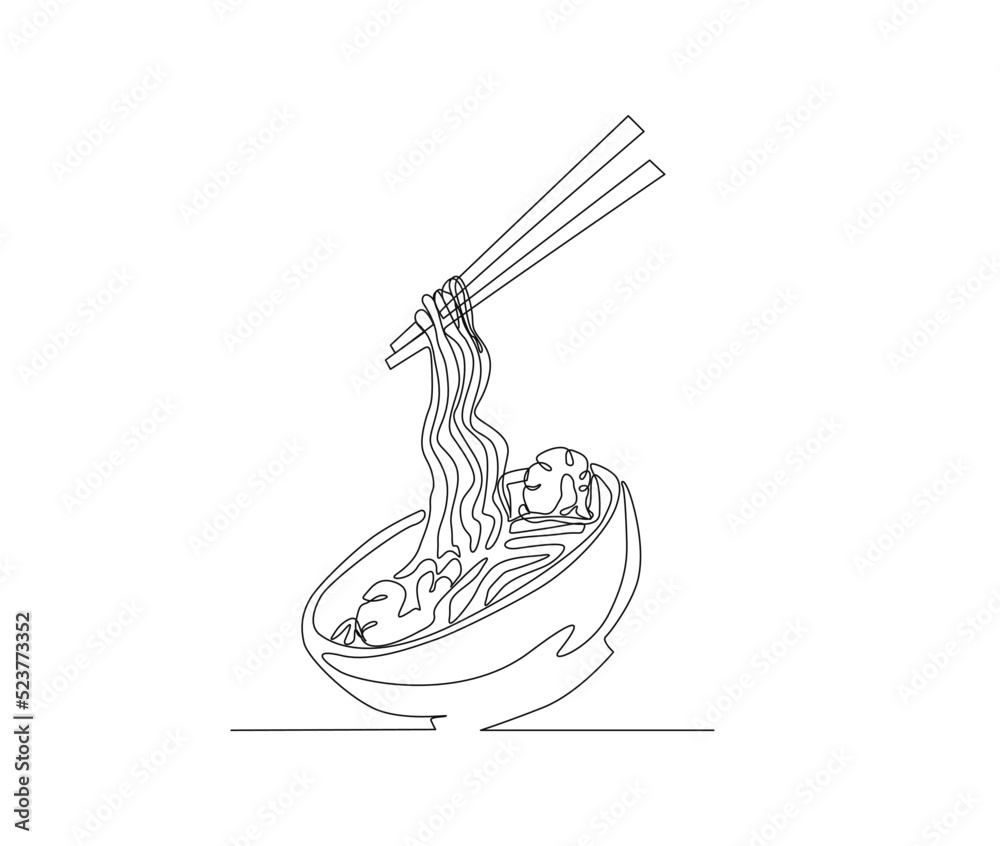 Continuous one line drawing of asian noodle in the bowl. Ramen line art ...