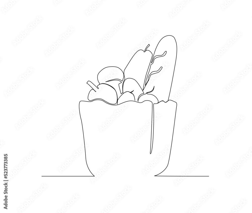 Continuous line art drawing of Grocery food basket, fruits and bread ...