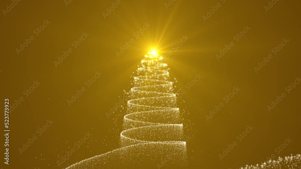 2023 and Christmas tree of lights stars particles emerging at gold ...