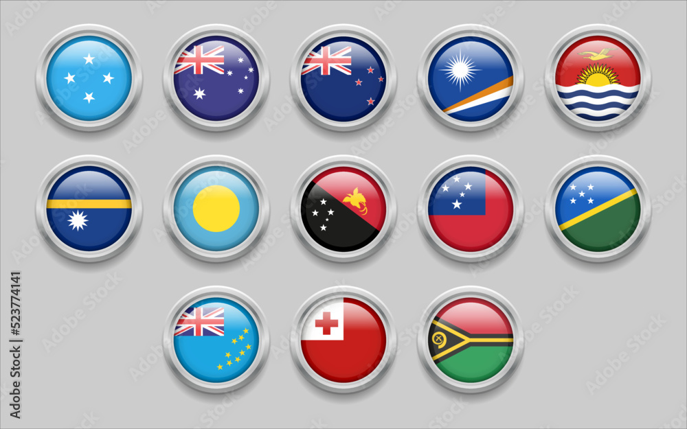 Australia Continent and Oceania Round Flags Set Collection 3D round ...