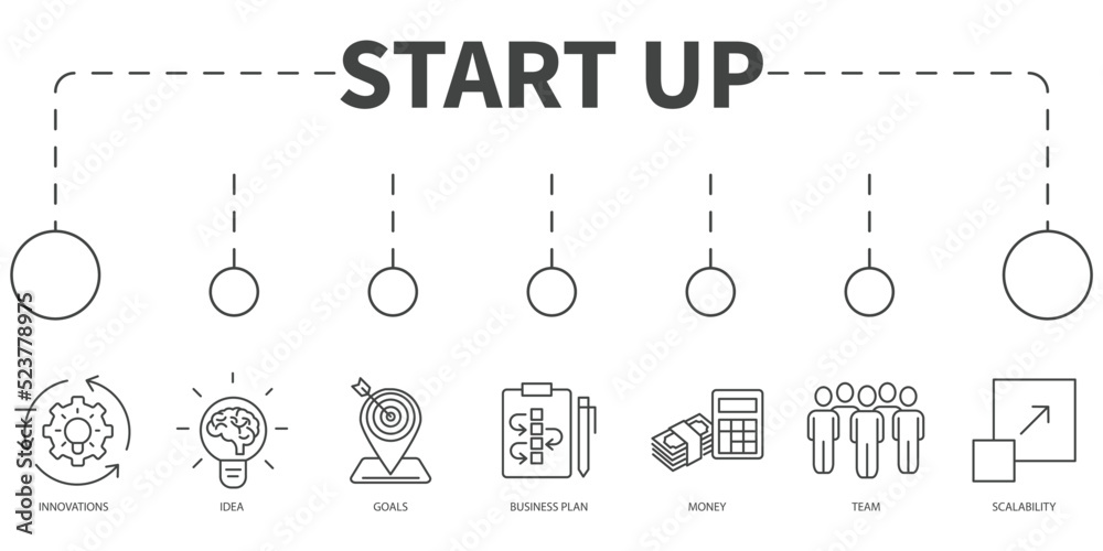Start up Vector Illustration concept. Banner with icons and keywords ...
