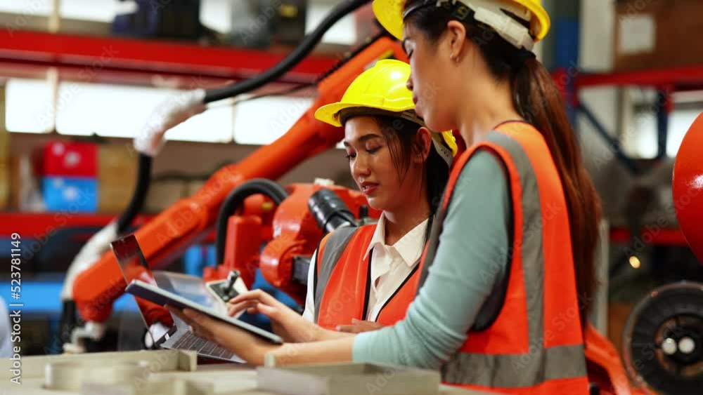 Group portrait Happy female factory manager and woman worker standing ...
