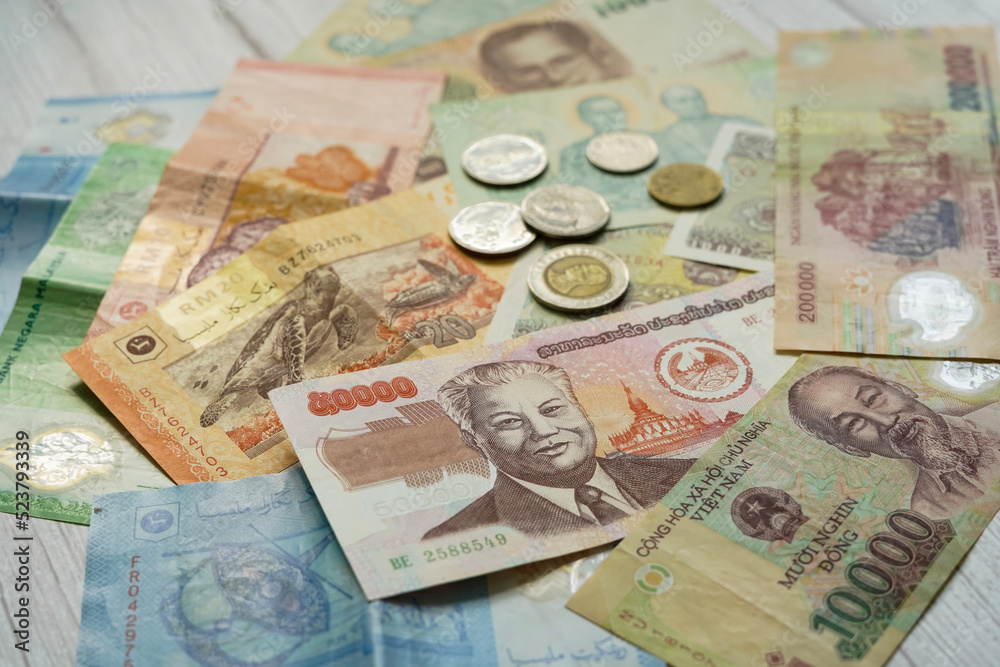 Asian Banknotes From Different Countries Thai Baht Vietnamese Dong