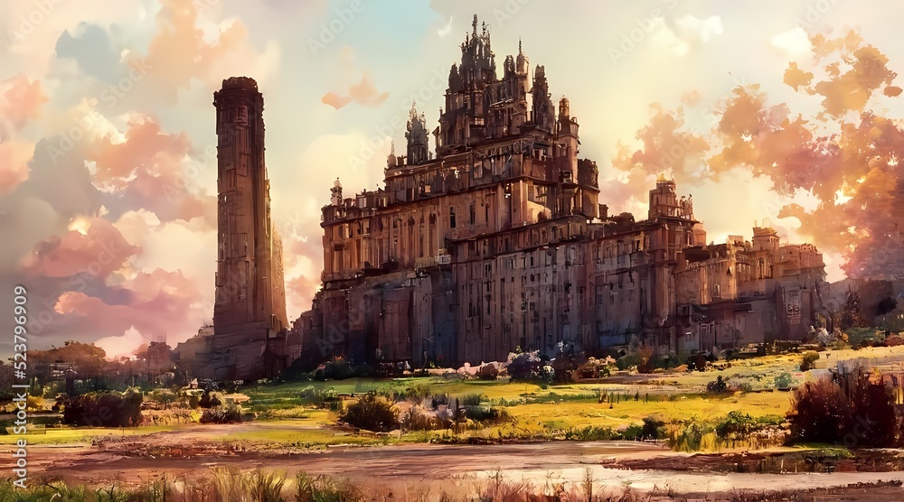 Fantasy landscape tower and medieval houses shrouded i Stock ...