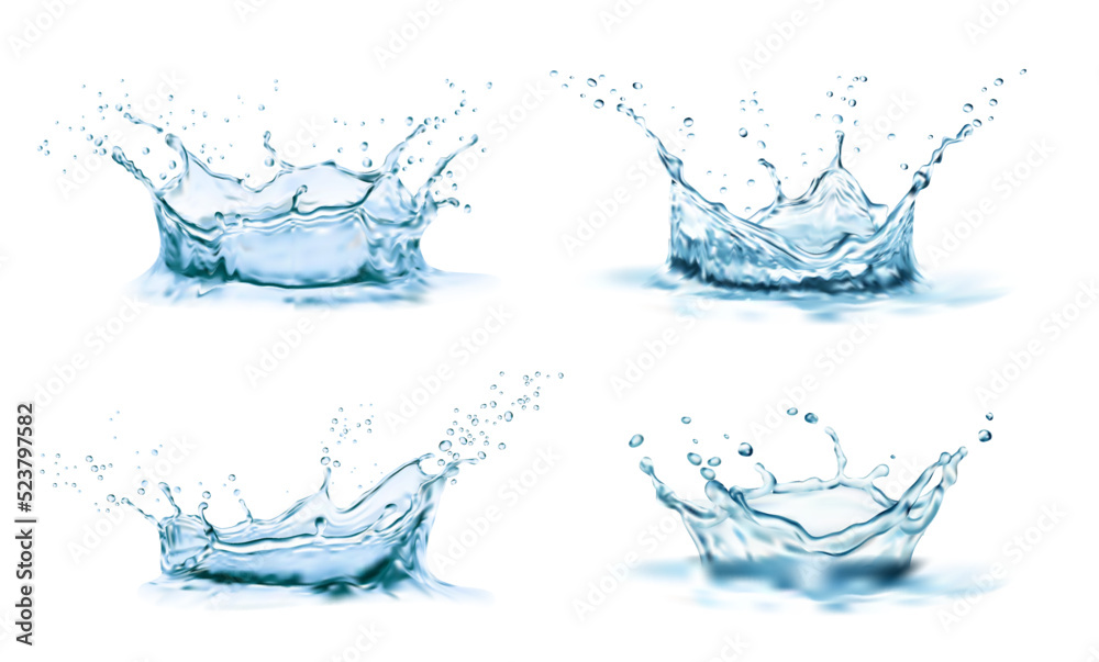 Water crown splash and drops. Vector liquid splashing aqua dynamic ...