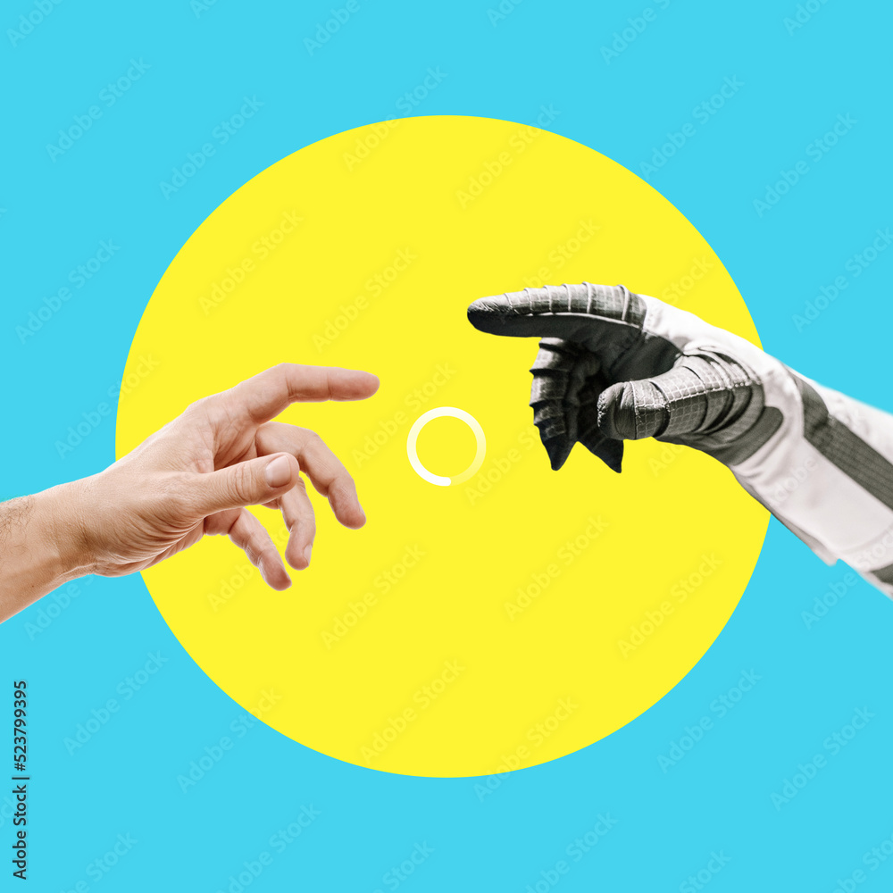 Foto de Digital collage of contemporary art. Helping and saving hand with a download badge ...