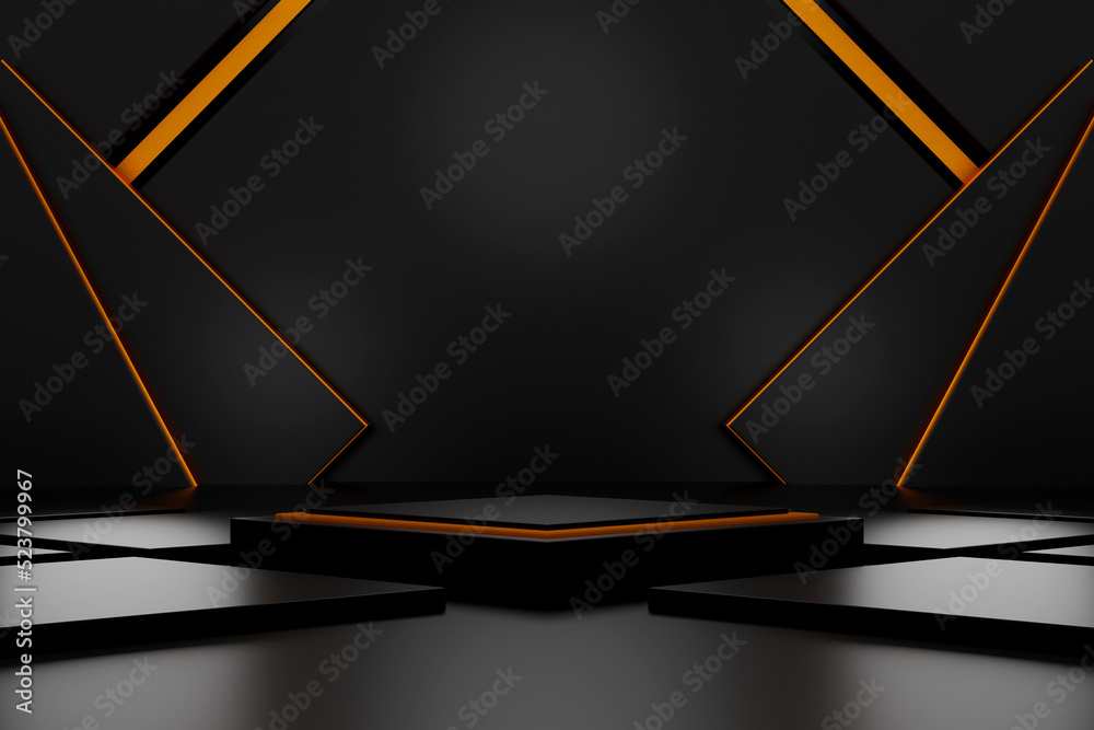 black geometric stage podium and neon light. dark scientific background ...