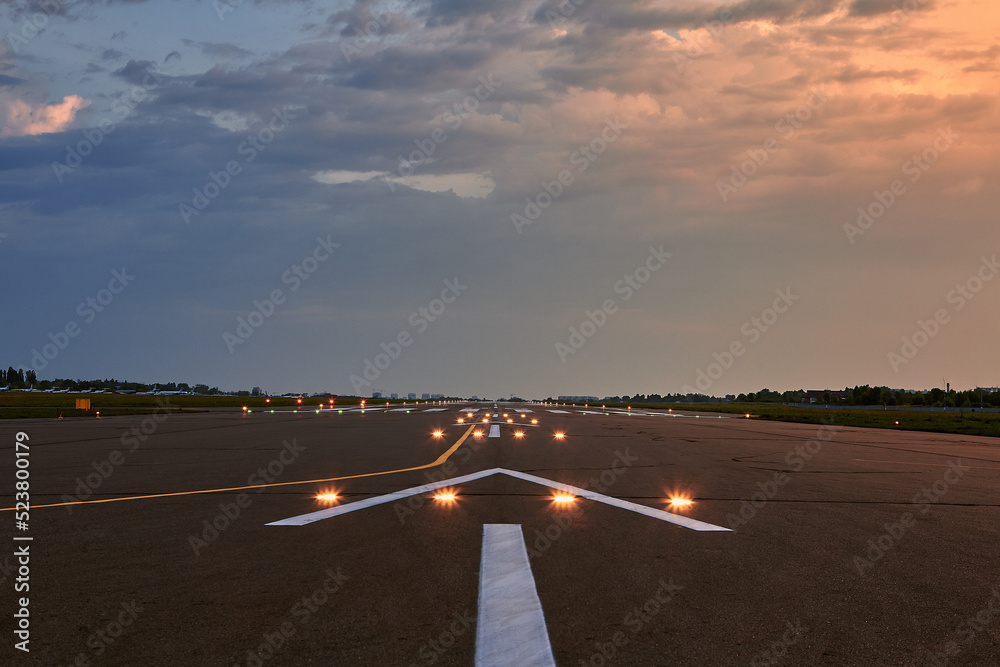 Runway. Airport Runway.Runway with lights Stock Photo | Adobe Stock