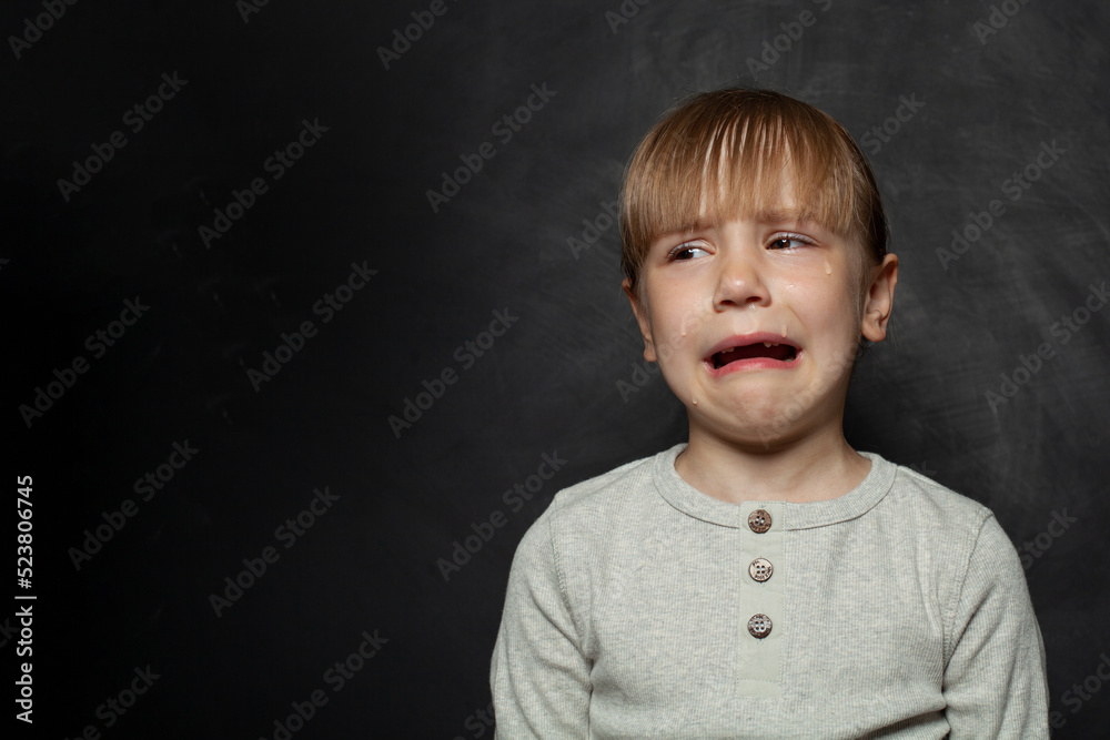 Young child girl depressed. Kid worry for distress, crying angry and afraid. Sad expression ...