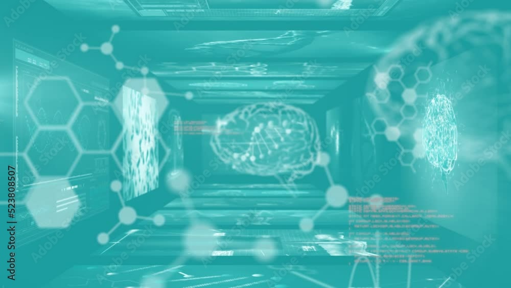 Animation of scientific data with molecules, dna and human brain on ...