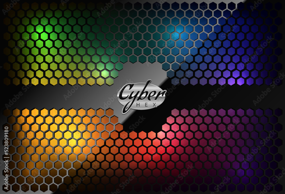 Multicolor neon backlight under glossy black hexagonal grid. Gamer ...