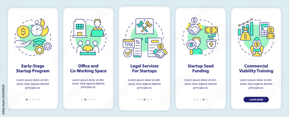 Startup Programs Onboarding Mobile App Screen Legal Services Walkthrough 5 Steps Editable