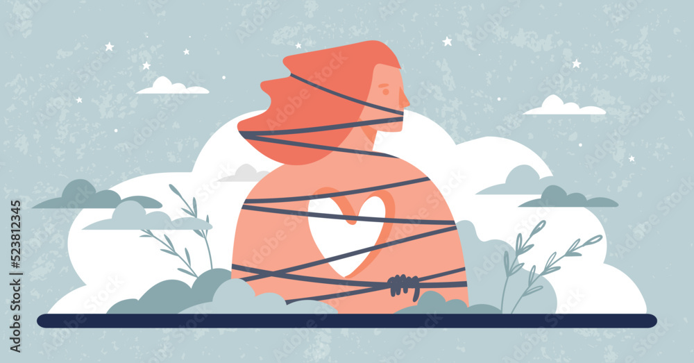 Psychological childhood trauma modern banner. A woman without a heart ...