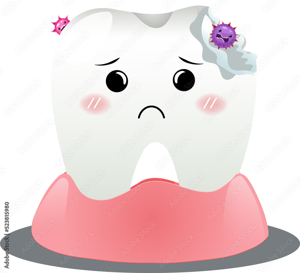 Cute cartoon with tooth decay character cleaning itself with oral ...