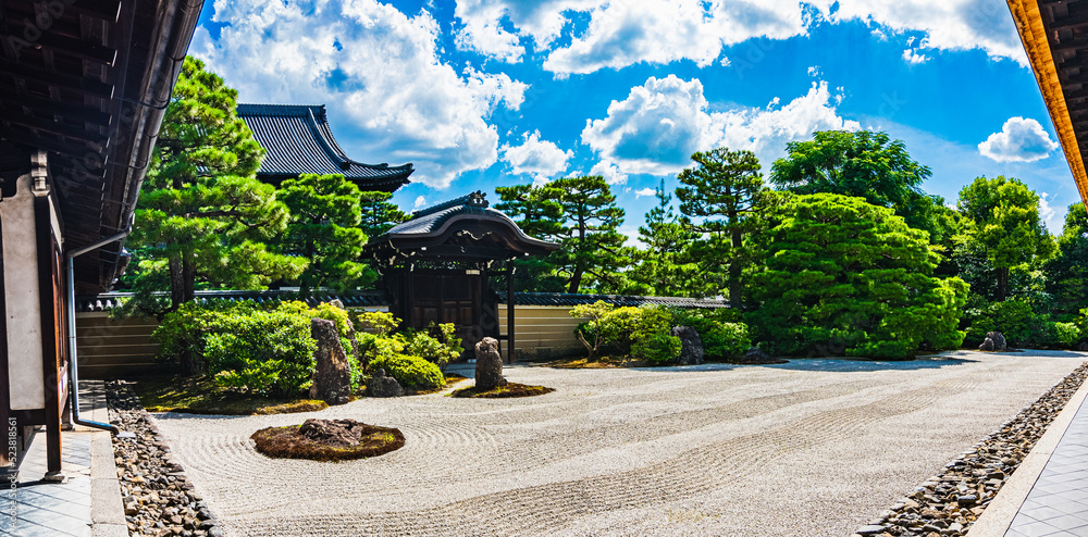 Panoramic view of stone garden in Kenninji temple under dynamic blue ...