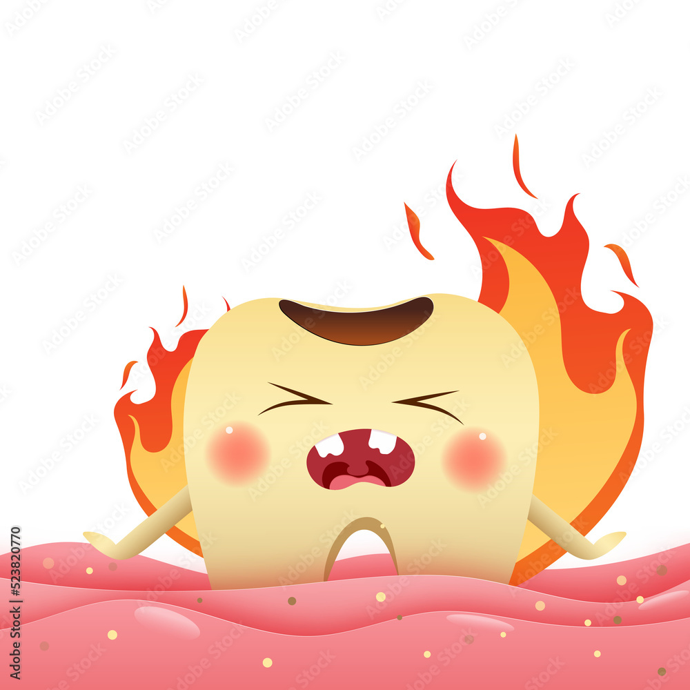 Cute cartoon with the tooth eats spicy food, causing burning sensation ...
