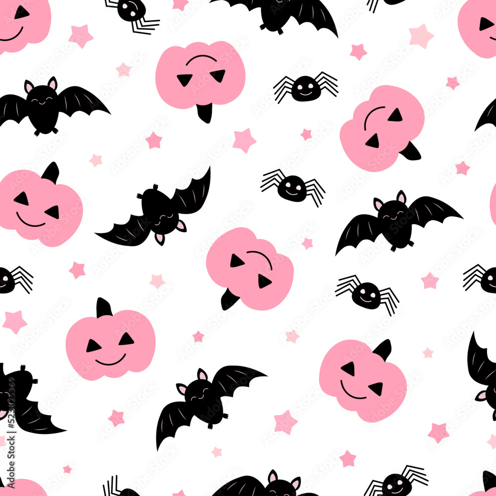 Seamless pattern pink pumpkin cute bat Halloween vector illustration ...