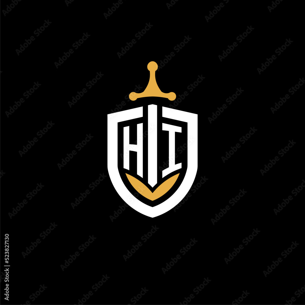 Creative letter HI logo gaming esport with shield and sword design ...