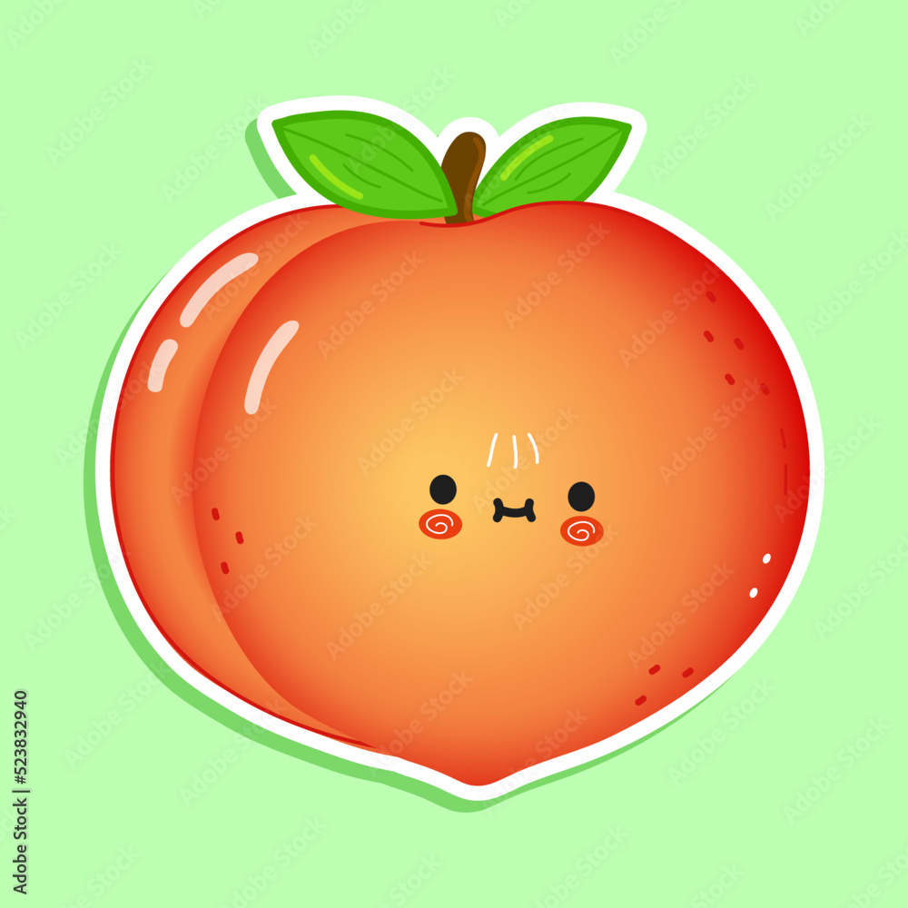Cute funny peach sticker character. Vector hand drawn cartoon kawaii ...