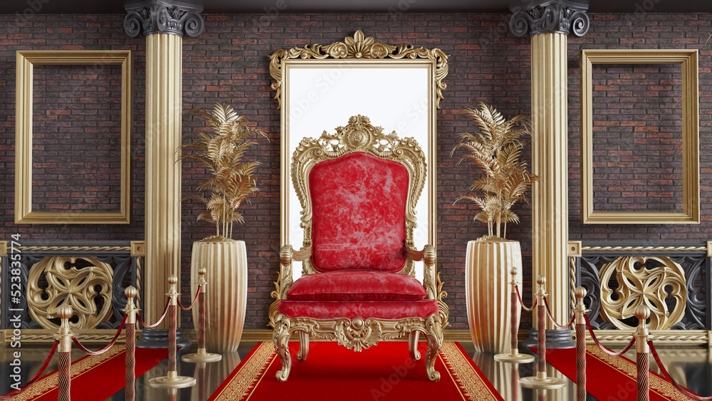 3D render of red king throne with red carpet and gold barriers, red ...