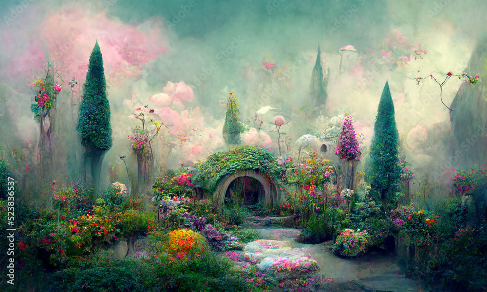 beautiful surreal fantasy dreamland garden, pastel colours, desaturated ...